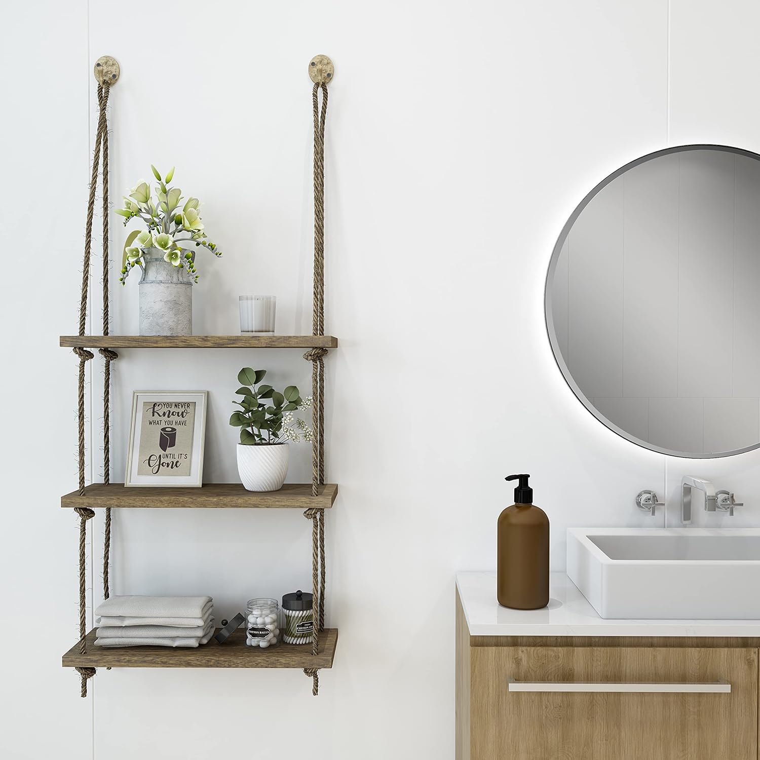 3-Tier Rustic Wooden Floating Shelf with Jute Rope | Wall Hanging Shelf ...