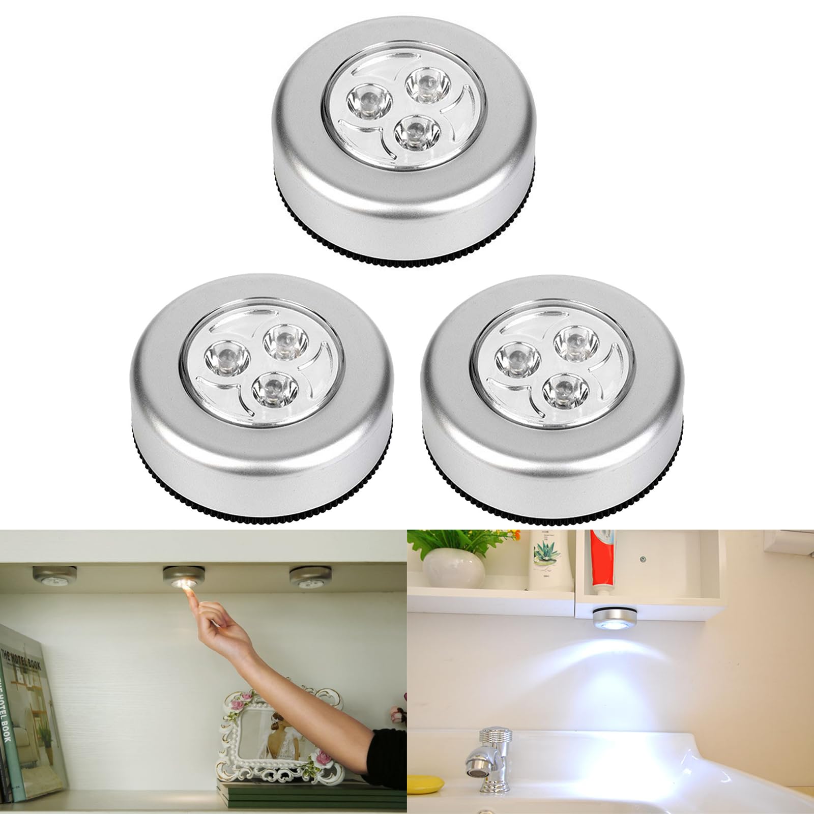 [PACK OF 3 ] Mini Wireless 3 LED Light Push Touch Lamp Kitchen Cabinet ...