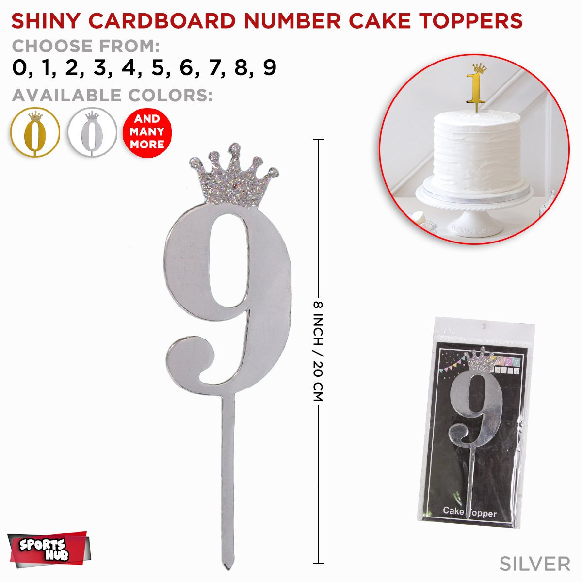 Numbers 0-9 Paper Cardboard With Crown Cake Topper Gold & Silver 8 ...