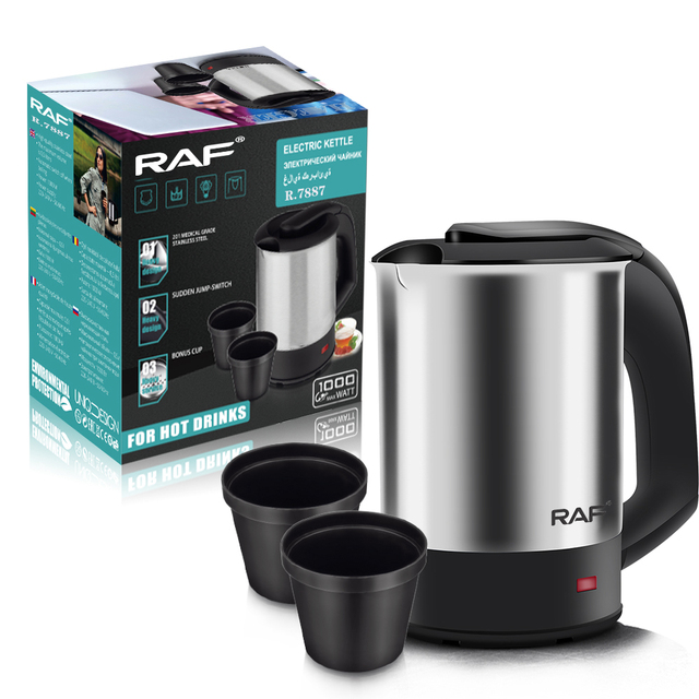 RAF Travel Electric Kettle 0.5 Liter R-7887- Silver & Black with 2 Cups | Daraz.pk