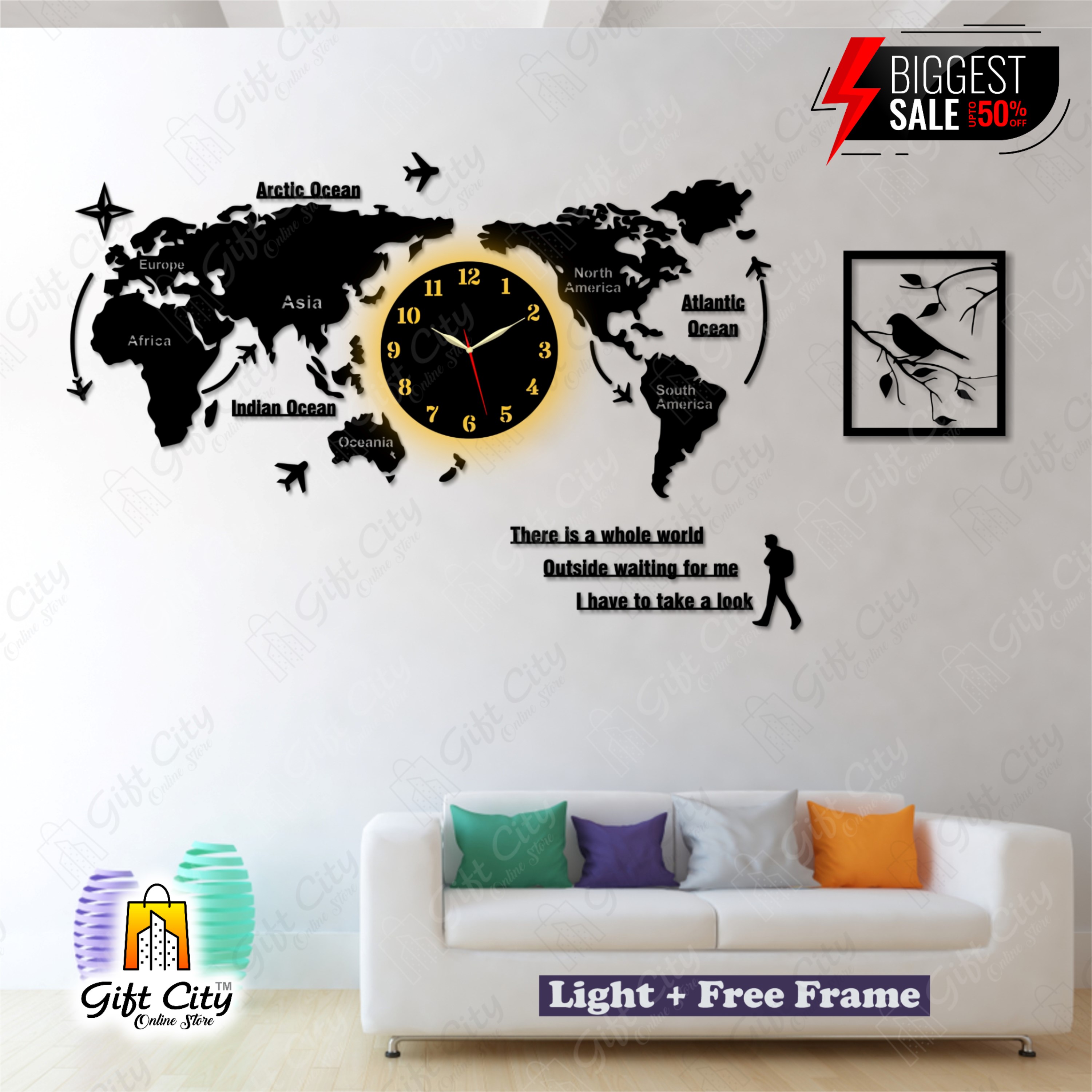 Gift City Presents World Map Wooden Wall Clock with light for Night ...