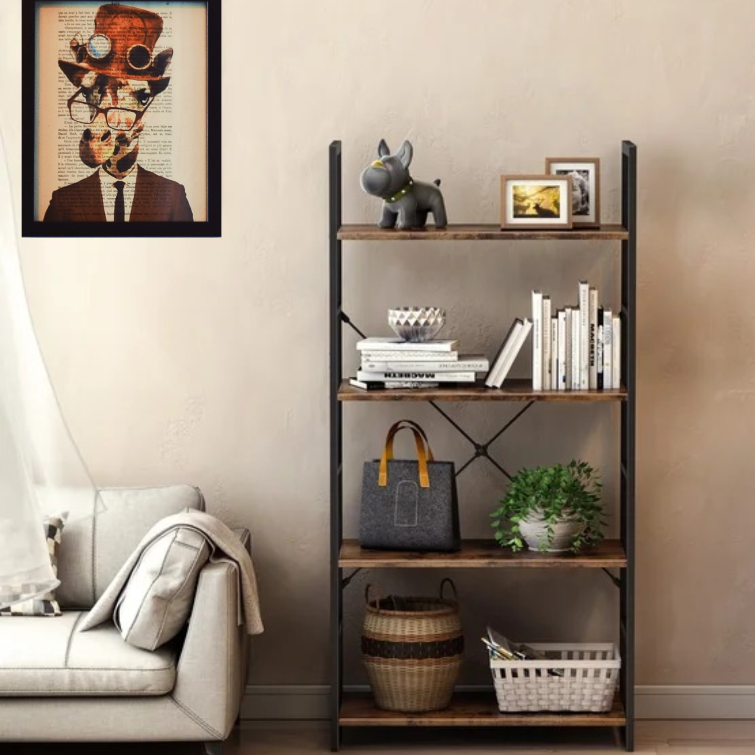 Industrial 4-Tier Bookshelf Wooden Rack, Bookshelf, Multi-layer Home ...