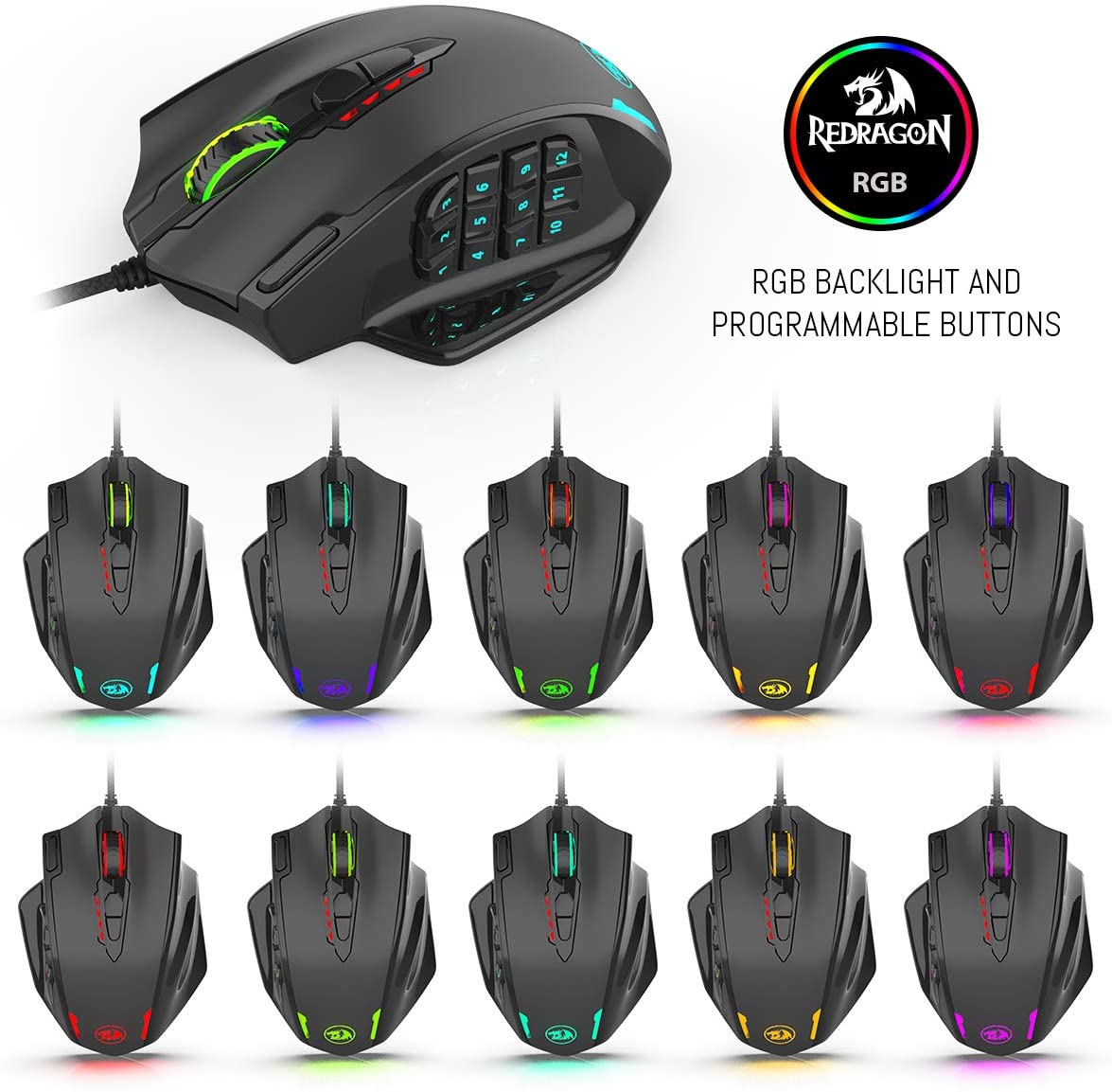 Redragon M908 IMPACT 12400 DPI RGB Gaming Mouse 19 Programmable Buttons ...