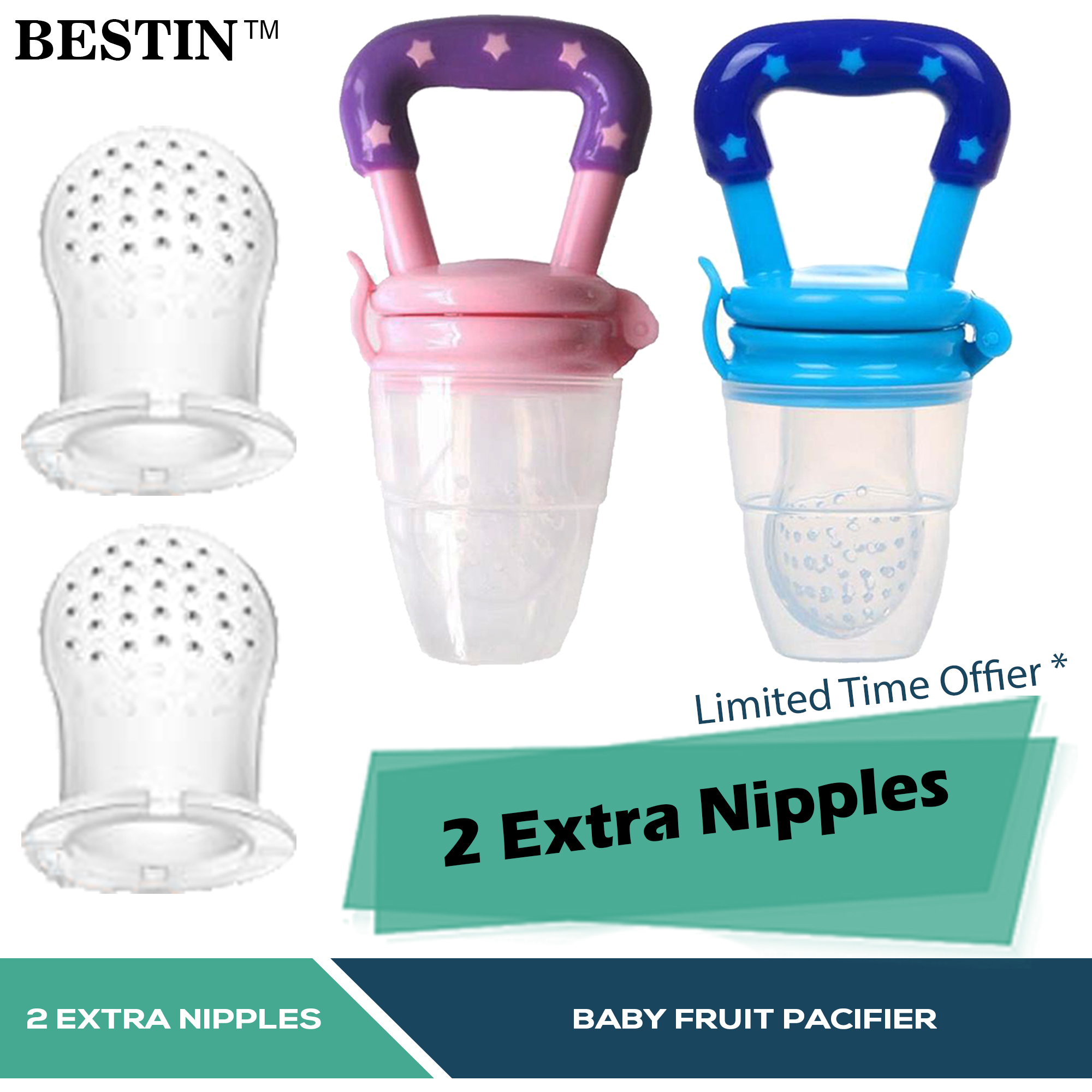 Baby Fruits Pacifier Food Feeder Baby With 2 Extra Nipples Bite ...