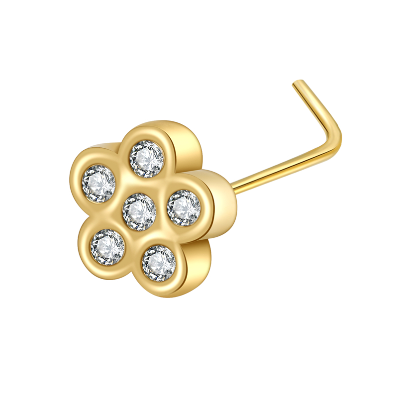L Shape Pin Nose Studs Ring for Women Girl 18K Gold Plated Eyes Flower ...