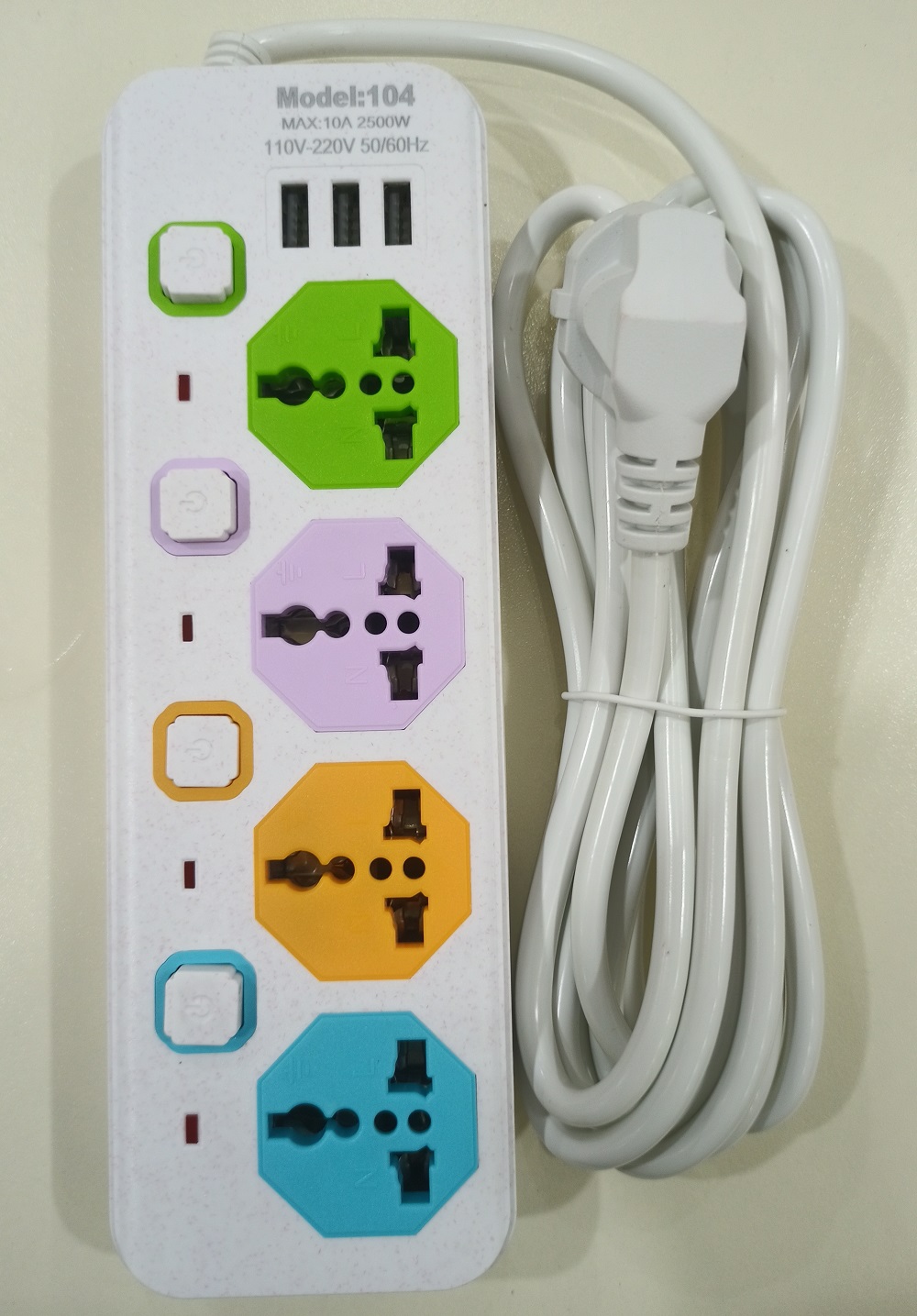 4 way power Strip / Extension Lead board with 3 USB Ports and 4 Sockets ...