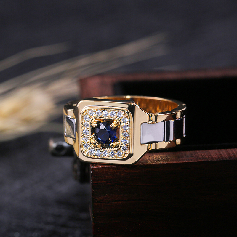 RisingMoon Jewelry Gold Gefullter Ring Men's Square Blue Created ...