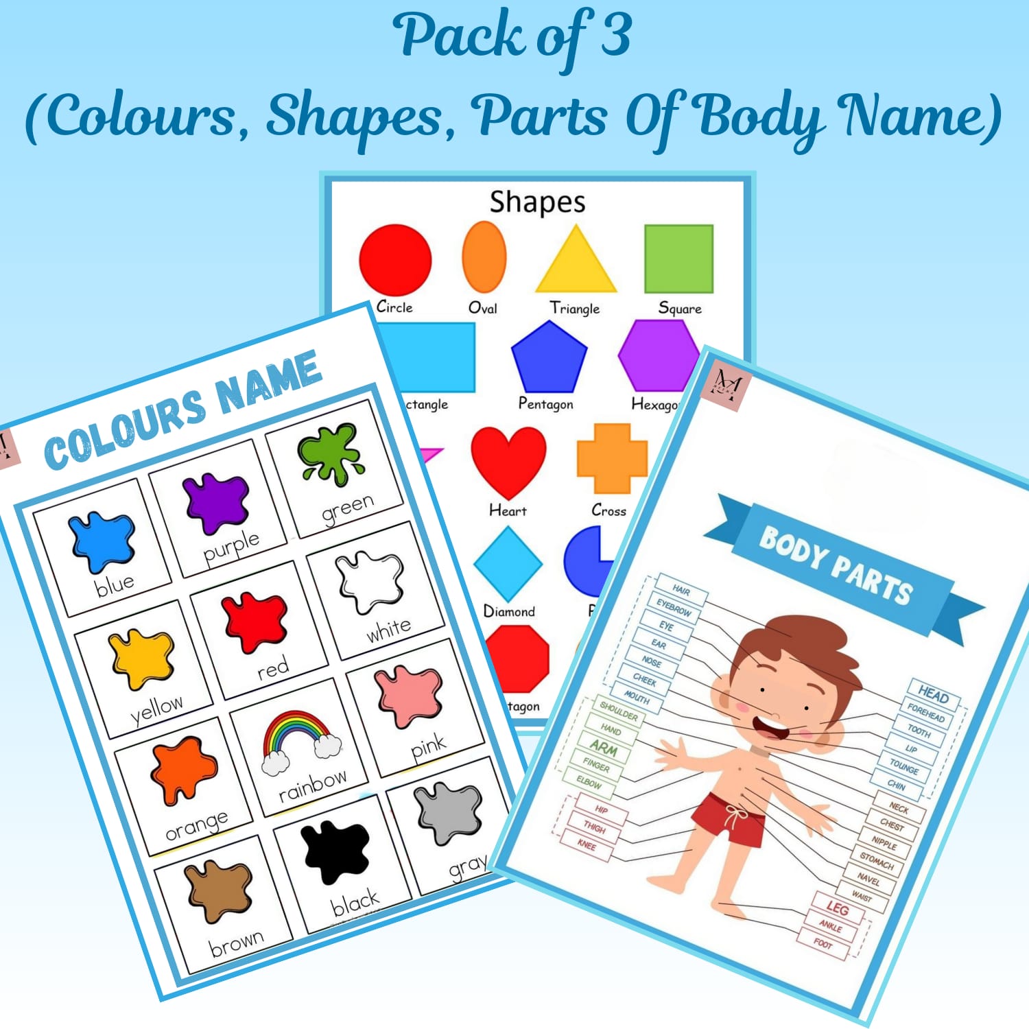Pack of 3 - Flash Cards : Shape Names , Colours Names, Parts Of Body ...