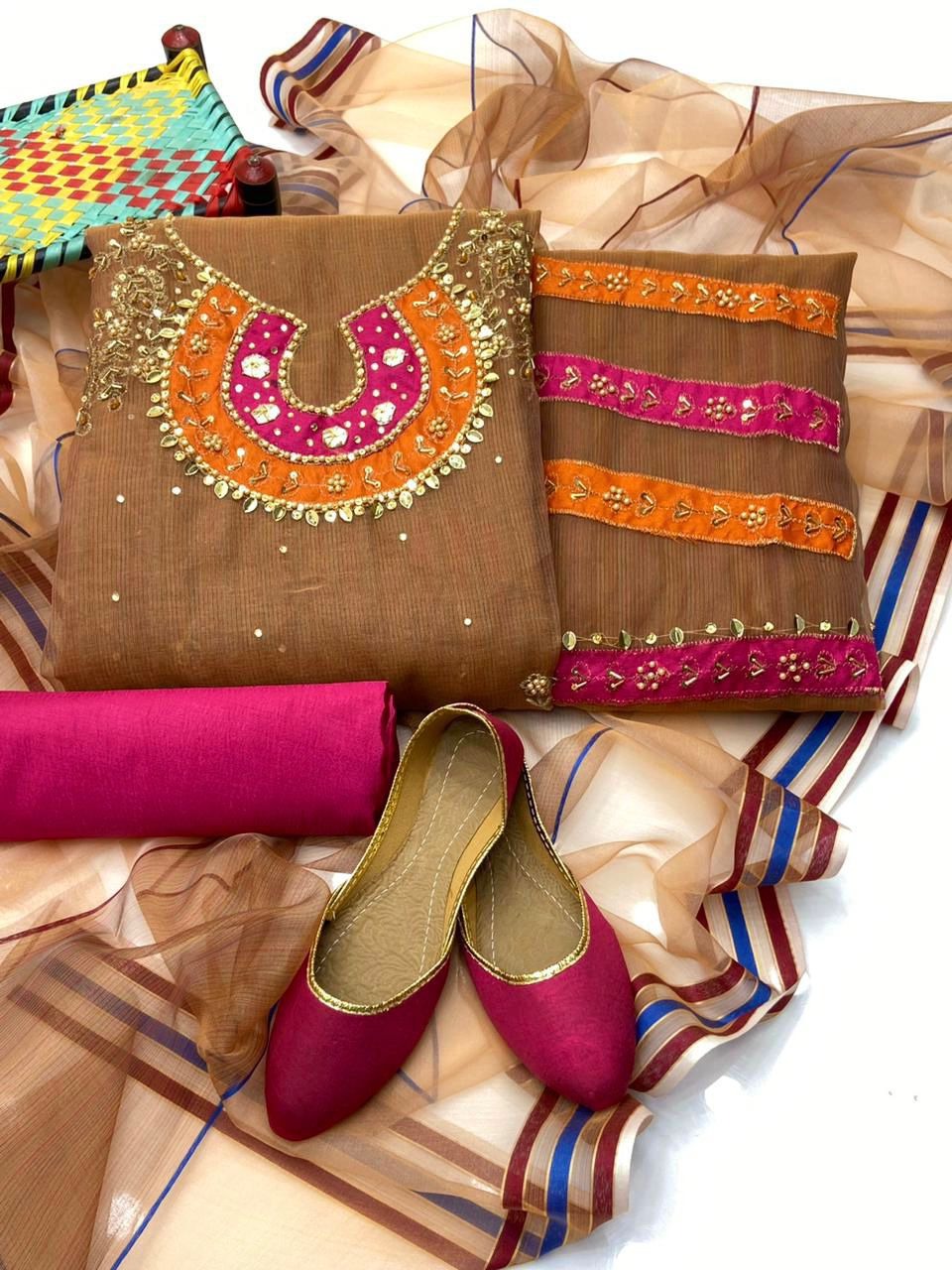 *New Collection 03 Pcs DRESS Rangoli Organza Handmade Shirt with Applic ...