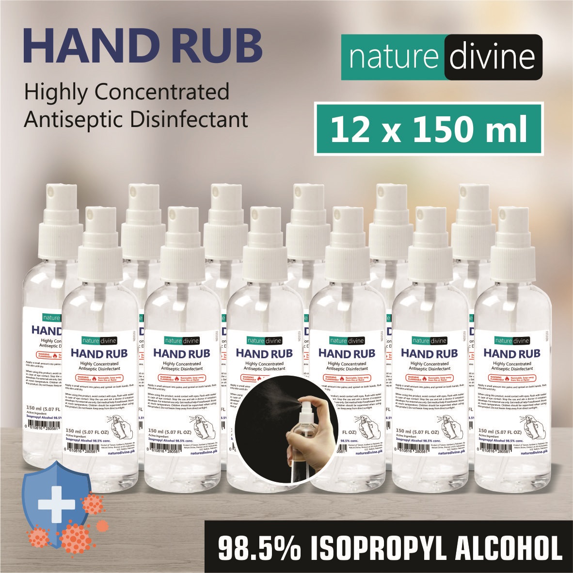 Pack of 12 x 150 ml Nature Divine Mist Spray Hand Rub 98.5% Isopropyl ...