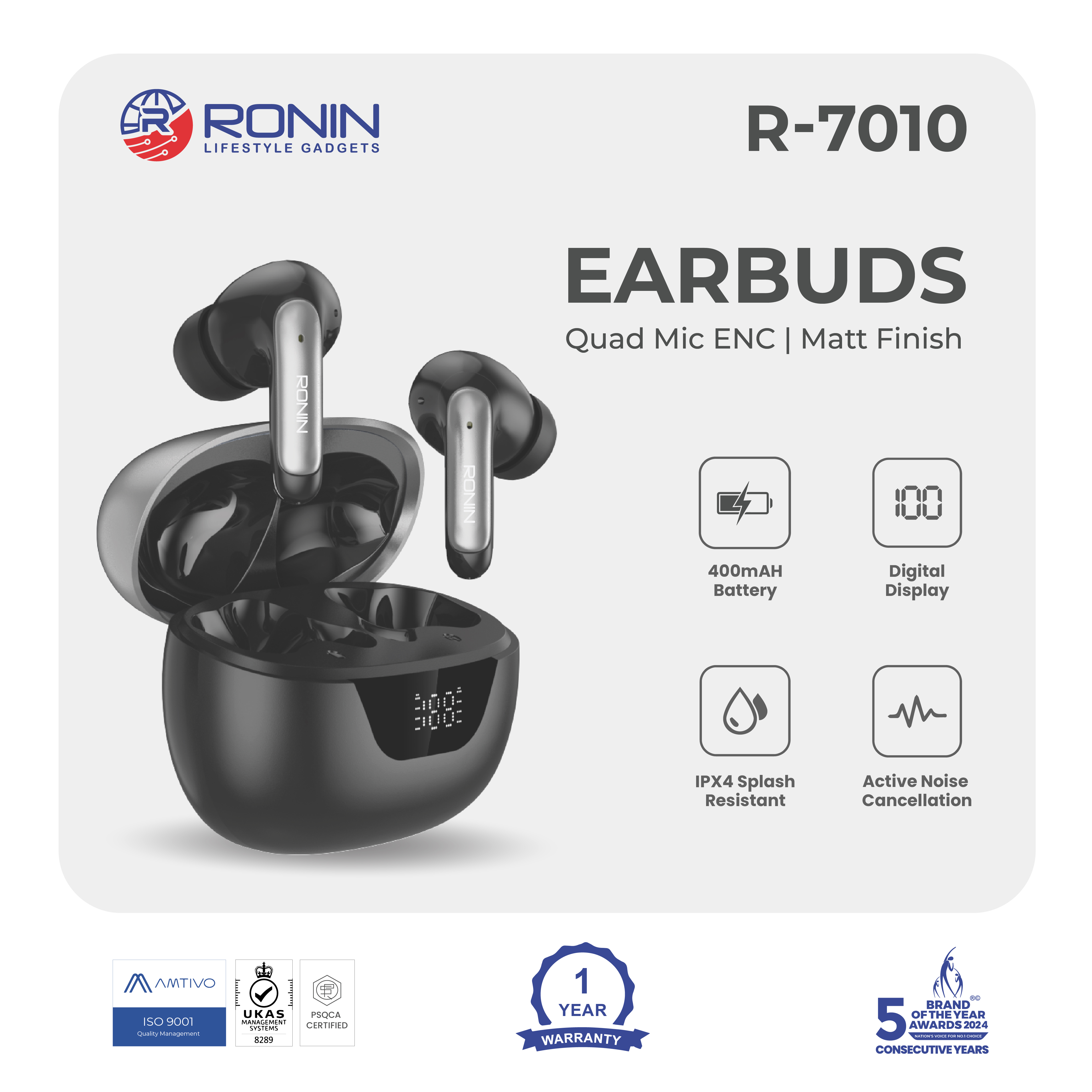 Ronin R-7010 Earbuds, Active Noise Cancellation, 10m Range, IPX4 ...