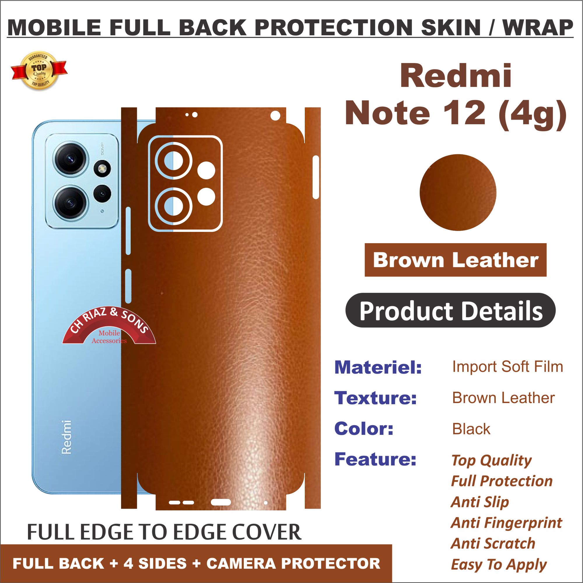 XIAOMI REDMI NOTE 12 4G FULL BACK 360 premium Protection Skin Wrap full ...