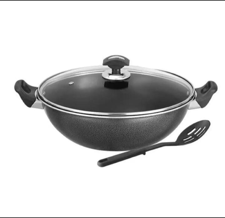 National Non Stick Karahi 34 cm Cooking Wok with Glass Lid Heavy ...