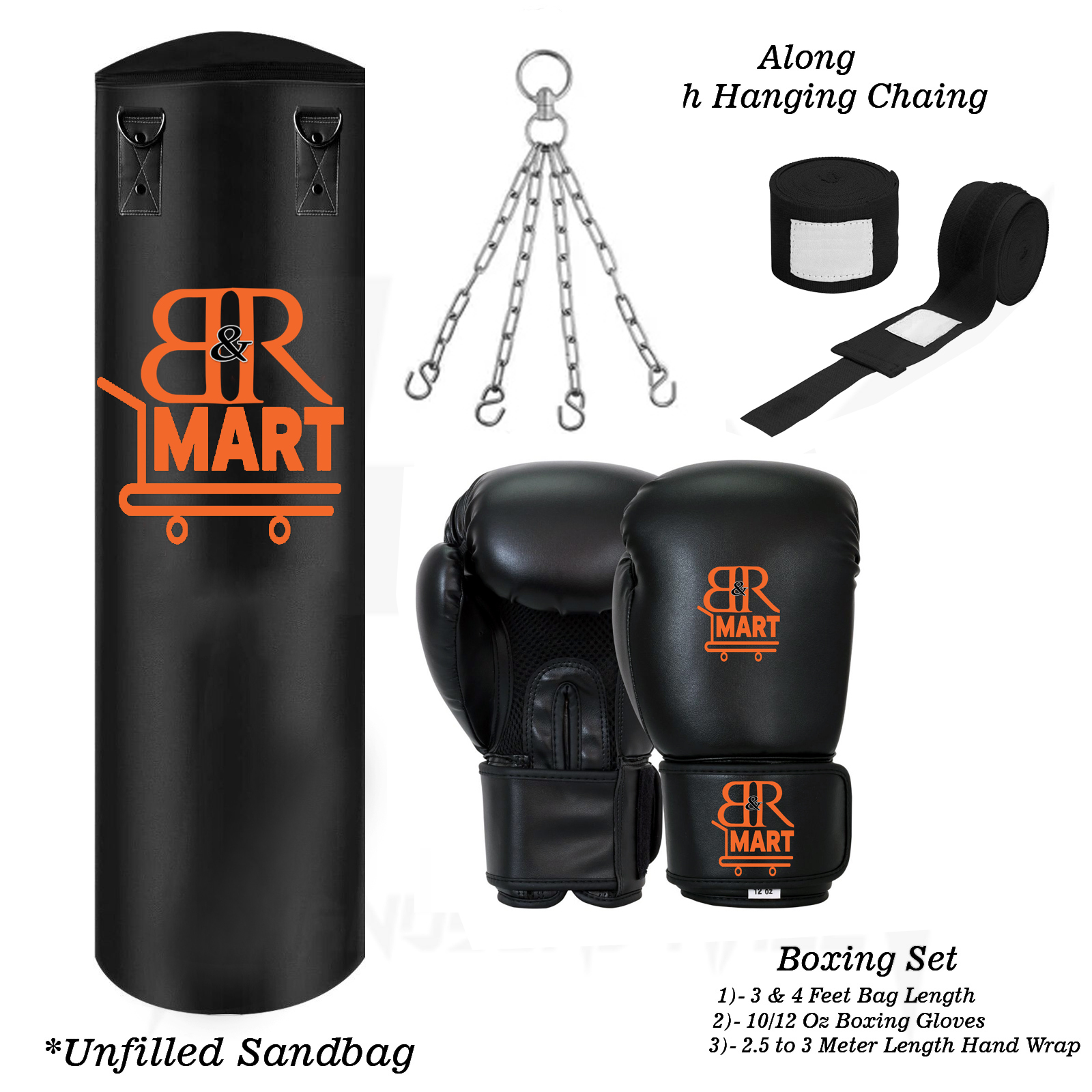 Boxing Bag with chain Boxing Gloves and Hand bandages Wraps Boxing Kit ...