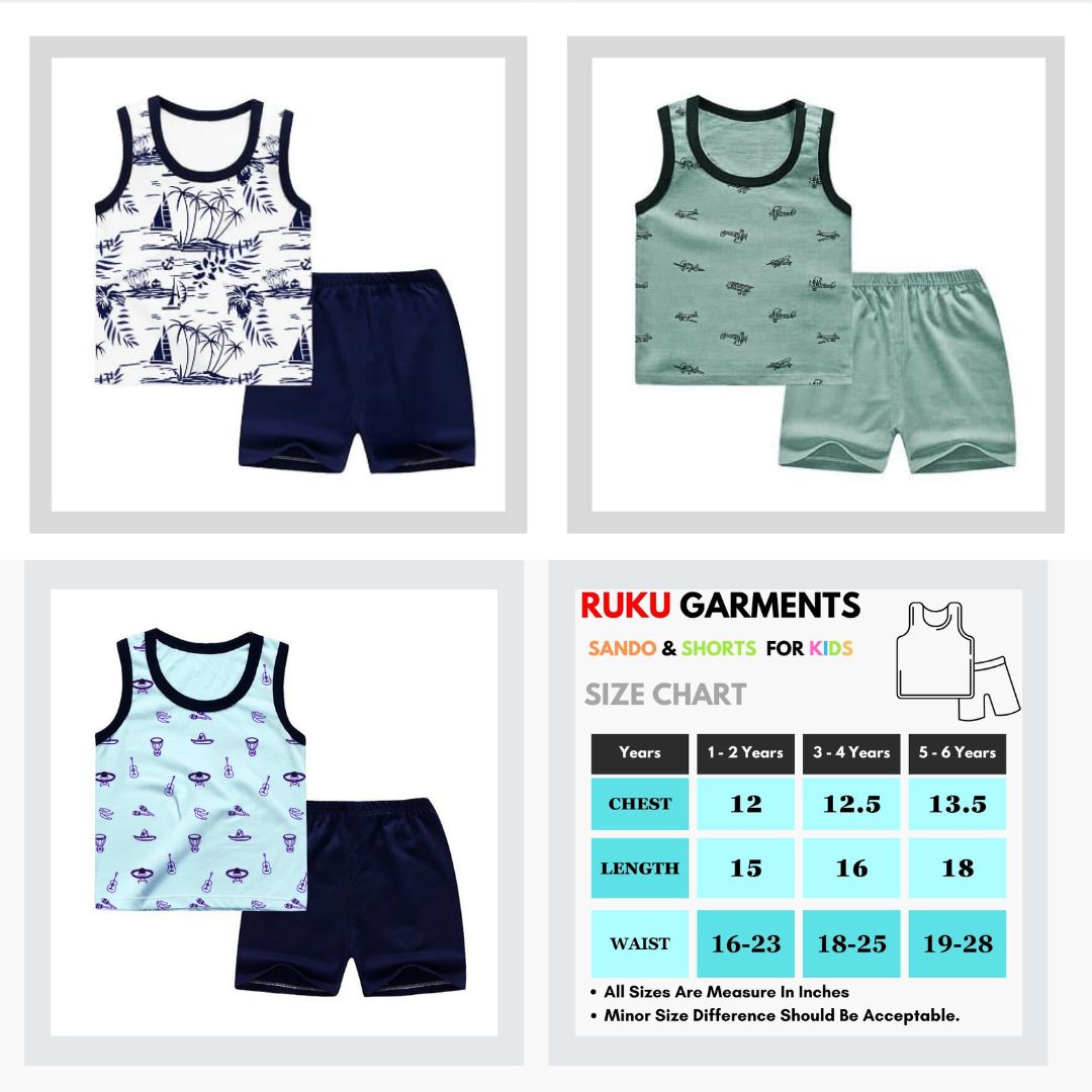Ruku Garments Pack Of 3 Stylish Sandos & Shorts For Kids Clothing Set ...