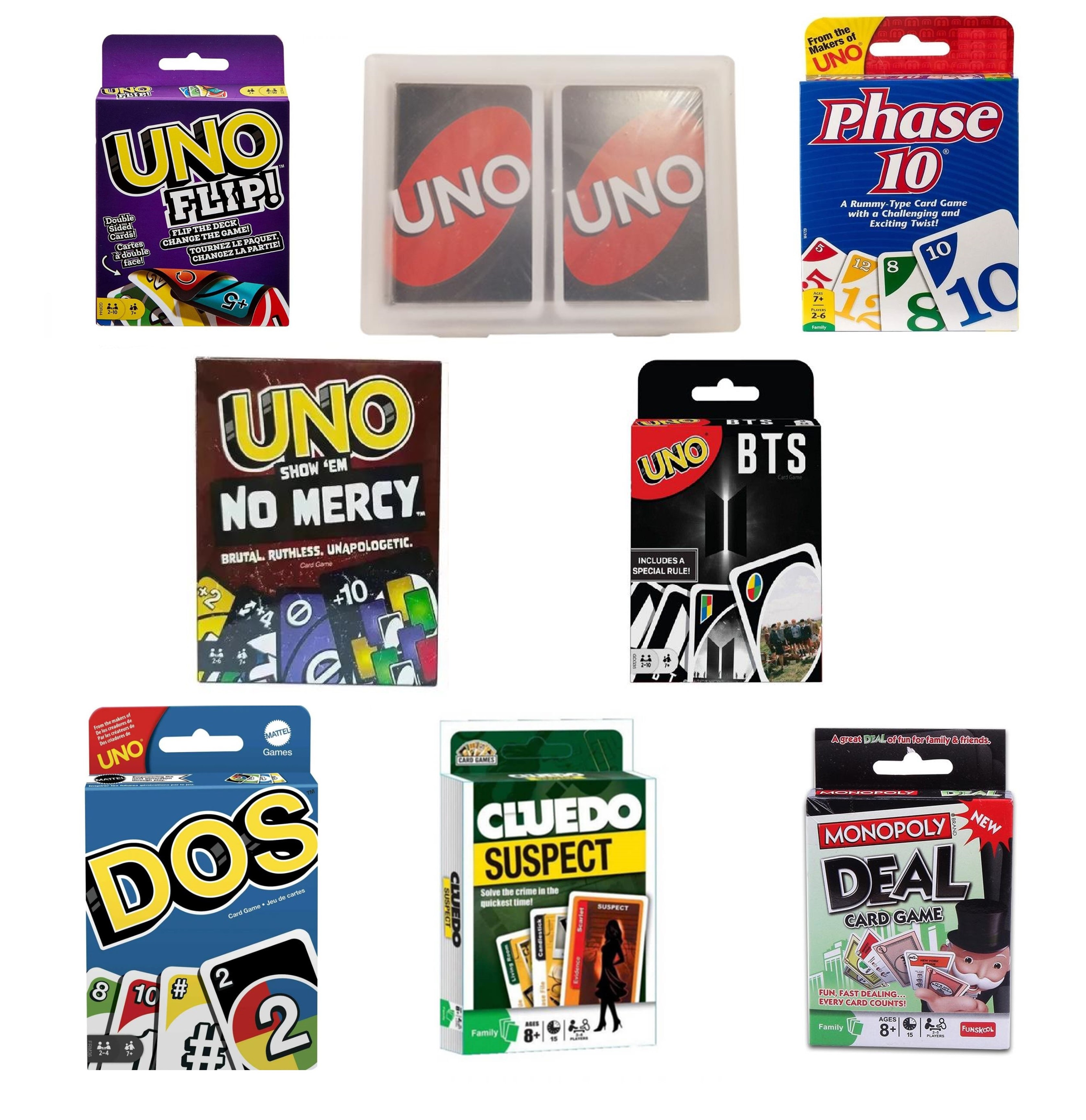 Uno Flip, No Mercy, UNO BTS, Uno Cards, Uno Phase 10, Uno DOS, Cluedo Suspects Cards, Monopoly ...