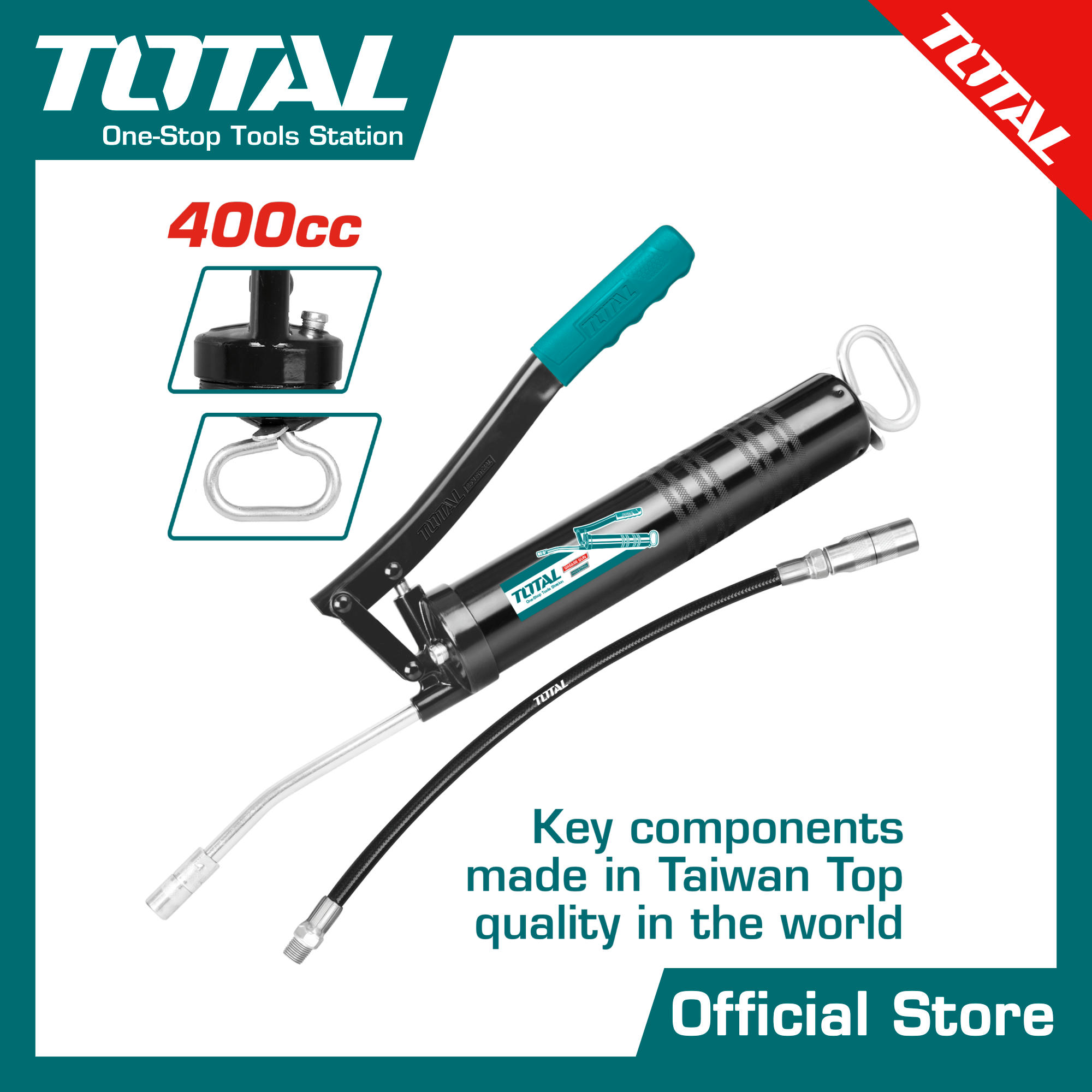 TOTAL 400CC Heavy-Duty Grease Gun with 12" High Pressure Flexible Nylon ...