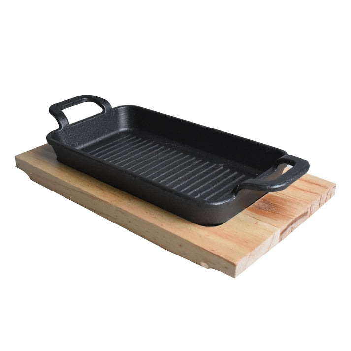 Rectangle Cast Iron 21 x 12cm Sizzler Tray Platter With Wooden Base ...