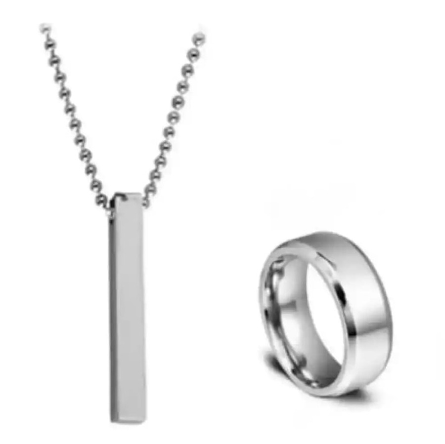 Silver Titanium Finger Ring With Cuboid Rectangle Neck Pendant Chain ...