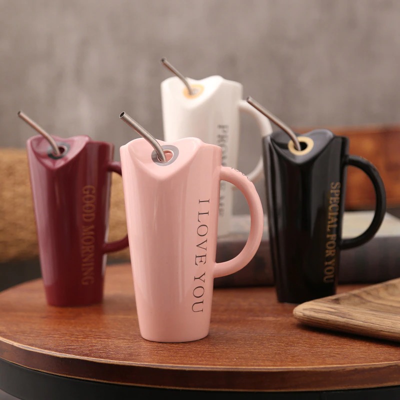 2022 New Ceramic Mug With Stainless Steel Straw Coffee Mug Porcelain ...