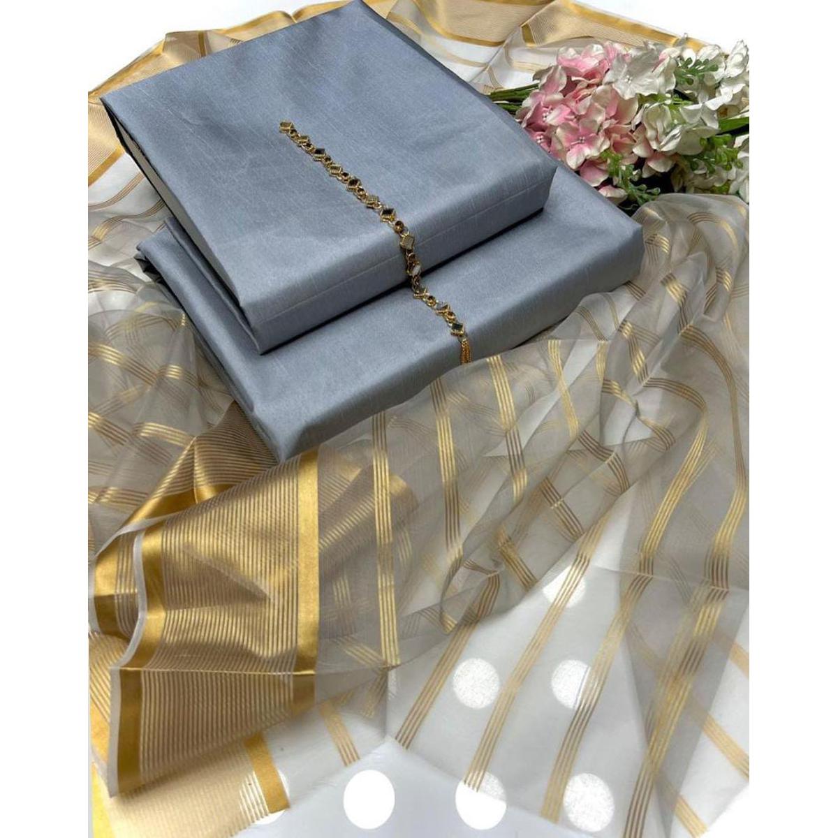 Shah Kamal Fabrics 3 Pieces Unstitched Katan Silk Plain Shirt & Trouser ...