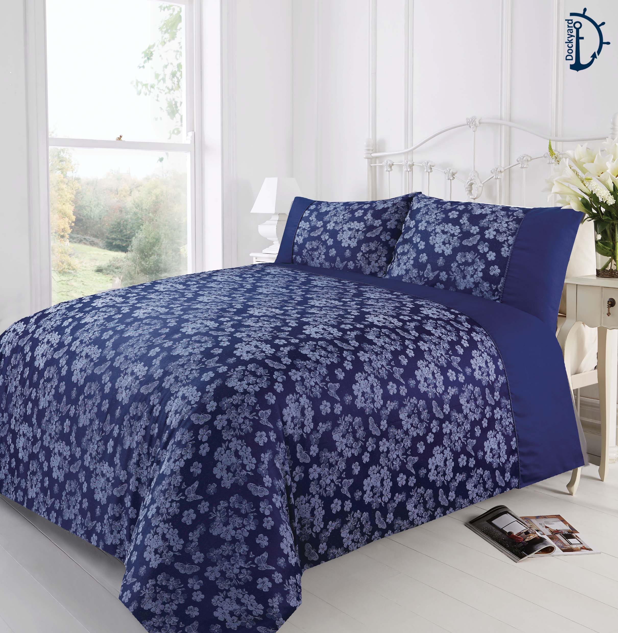 DOCKYARD Cherry Blossom Royal Blue Quilt Cover Set 3 Pcs Bed Set ...