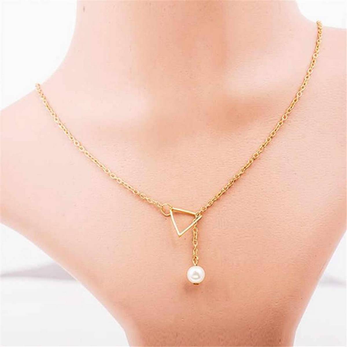 Golden Alloy Hollow Triangle Chains Pendant Necklace For Womens& Girls ...