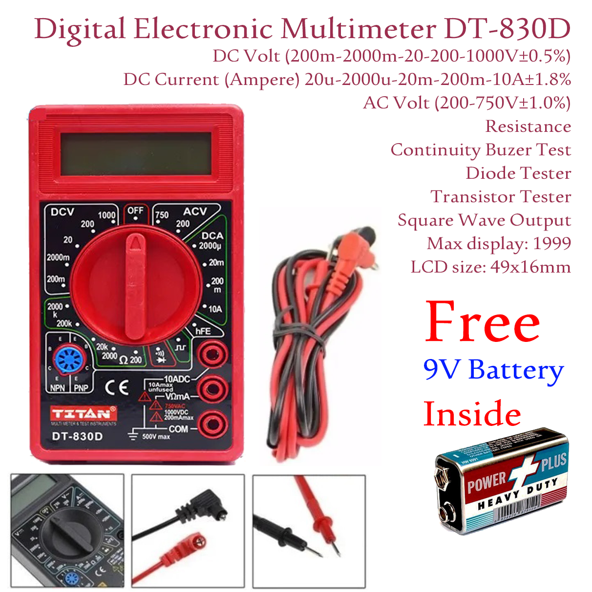 DT-830D Multimeter, 7 Function Digital Multimeter, AC DC Voltmeter Ammeter, Resistance Meter ...