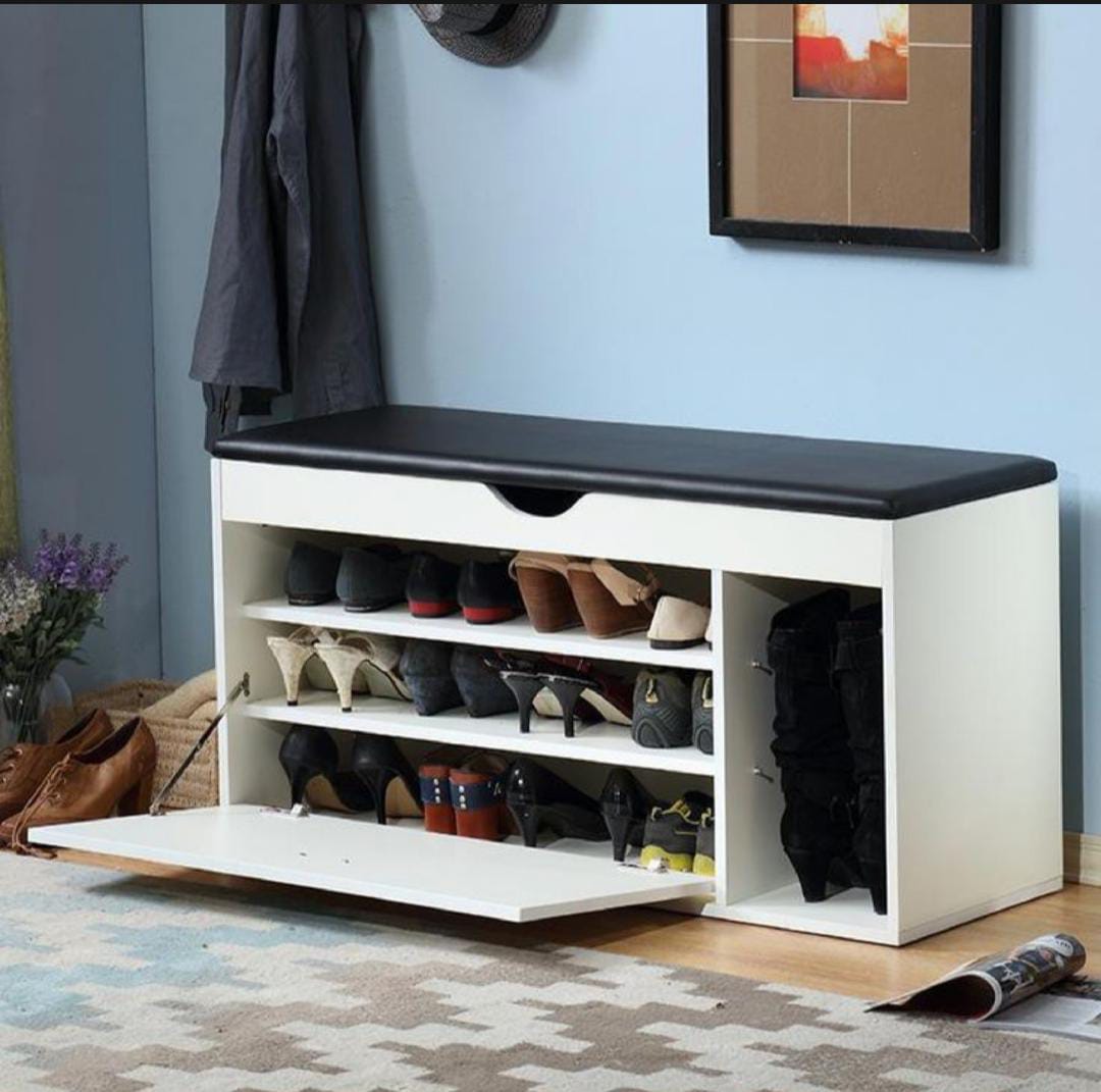 Decorniture Wooden Shoe Rack with Seat Cushion | Flip-Drawer Storage ...