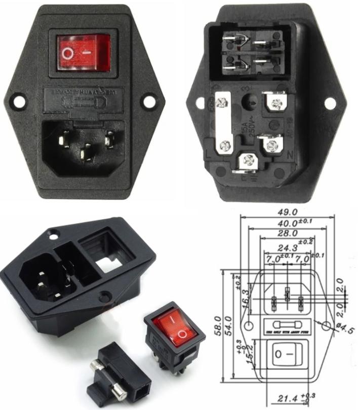 10A AC 250V 3 Terminal Power Socket with Fuse Holder Rocker Switch ...