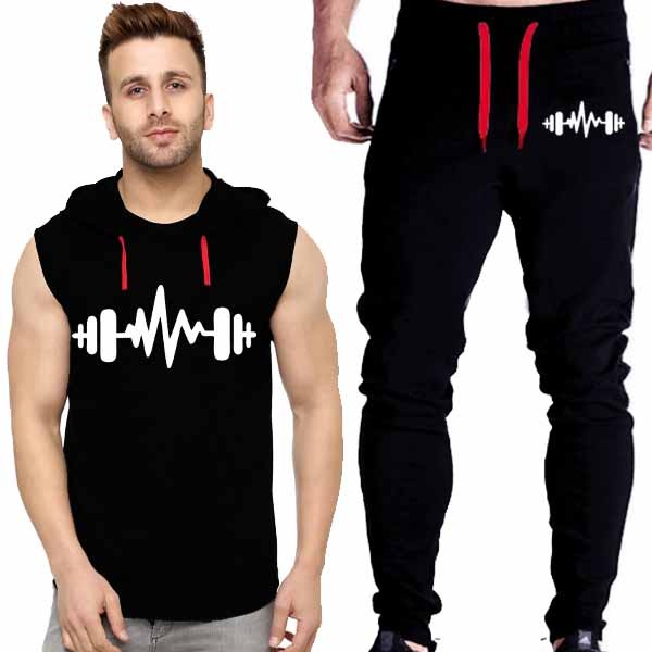 Black Vinyl Dumble Printed Gym Summer Hooded Sleeveless Tracksuit for ...