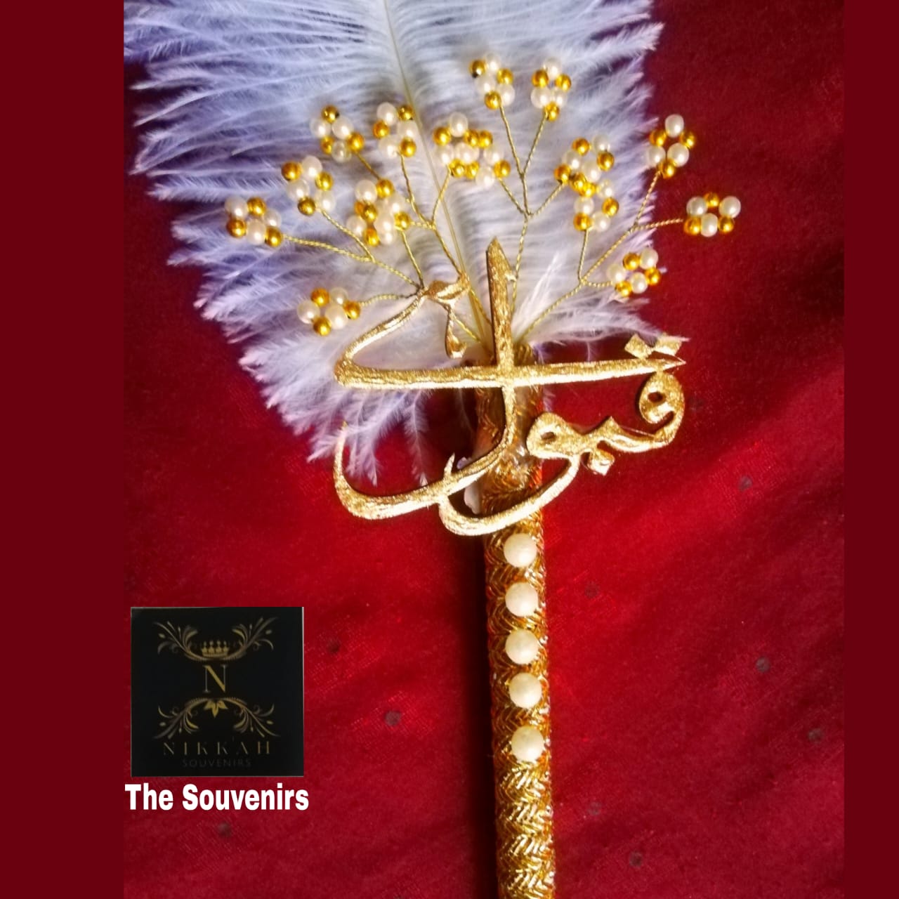 White feathers Urdu text of qubool hai golden Nikkah pen gift for bride ...