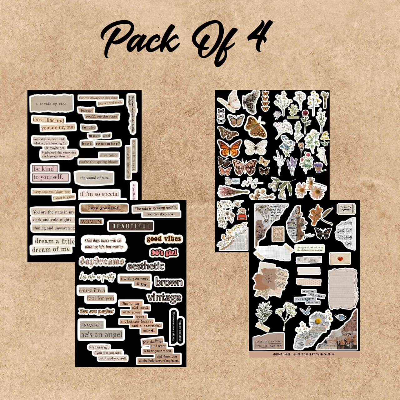 Set Of 4 - Vintage Black A5 Size Sticker Sheets | Aesthetic & Perfect ...