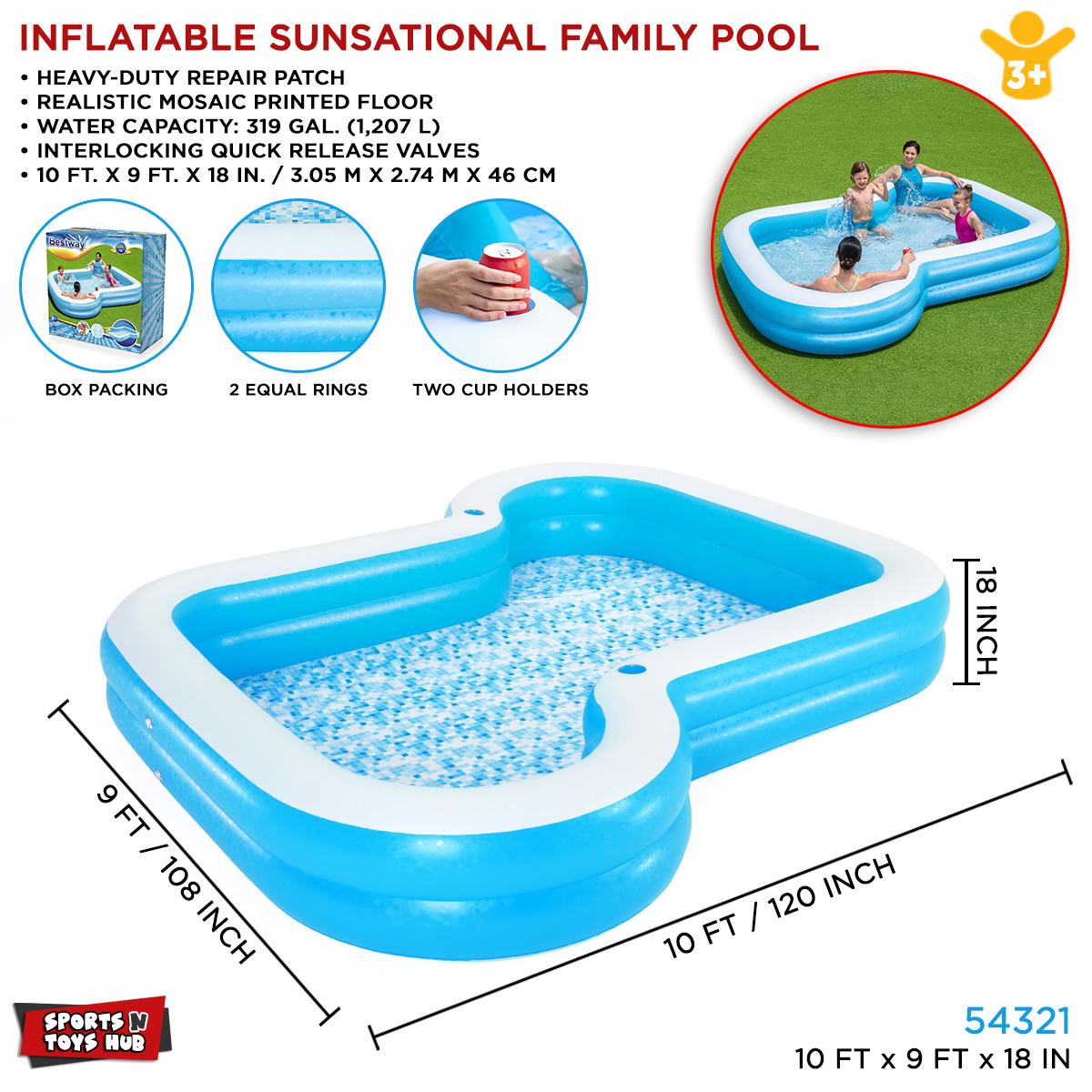 10 Ft Bestway Sunsational Family Swimming Pool For Kids & Family 120 ...