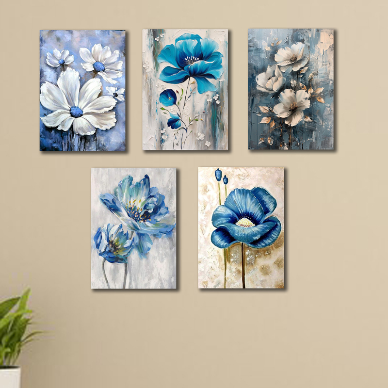 set of 5 blue flowers wall art wooden frames for home decoration ...