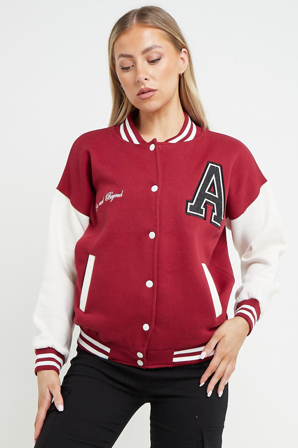 LETTER PATCHED CONTRAST SLEEVE WOMEN VARSITY JACKET | Daraz.pk
