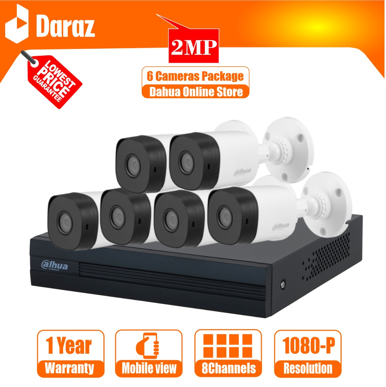 6 Cameras Package, 5 Megapixels Full HD, 6 Cameras Setup, 6 CCTV Cameras Kit (Dahua, HDCVI, DVR ...