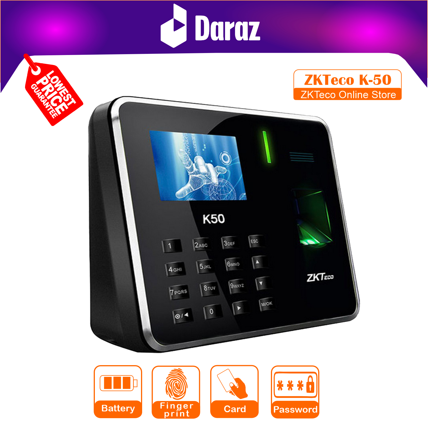 ZKTeco K50 Time Attendance Machine & Access Control Machine, Battery Backup (Biometric ...