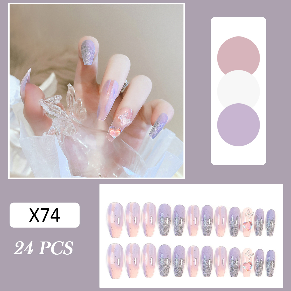 X74 24pcs Ballerina Fake Nails with Butterfly Decor Purple Pink Glitter ...
