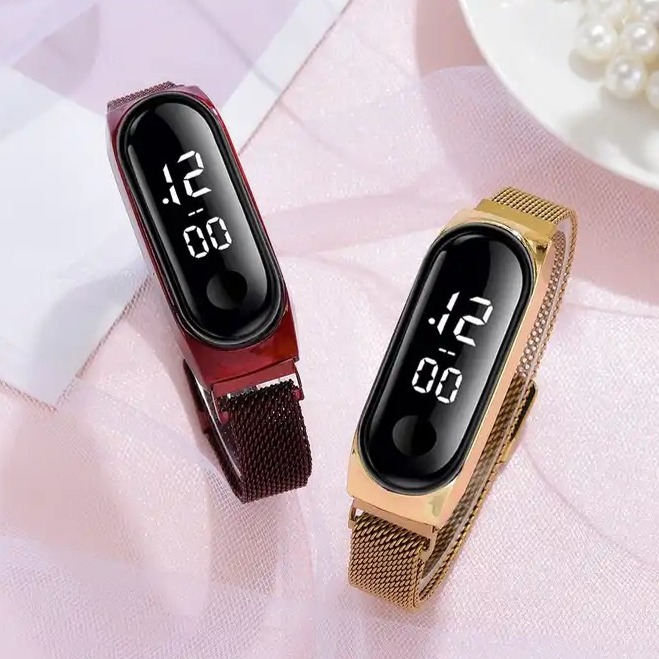 Pack Of 2 Color Stainless Steel Slim Magnet Chain LED Watch For girl ...