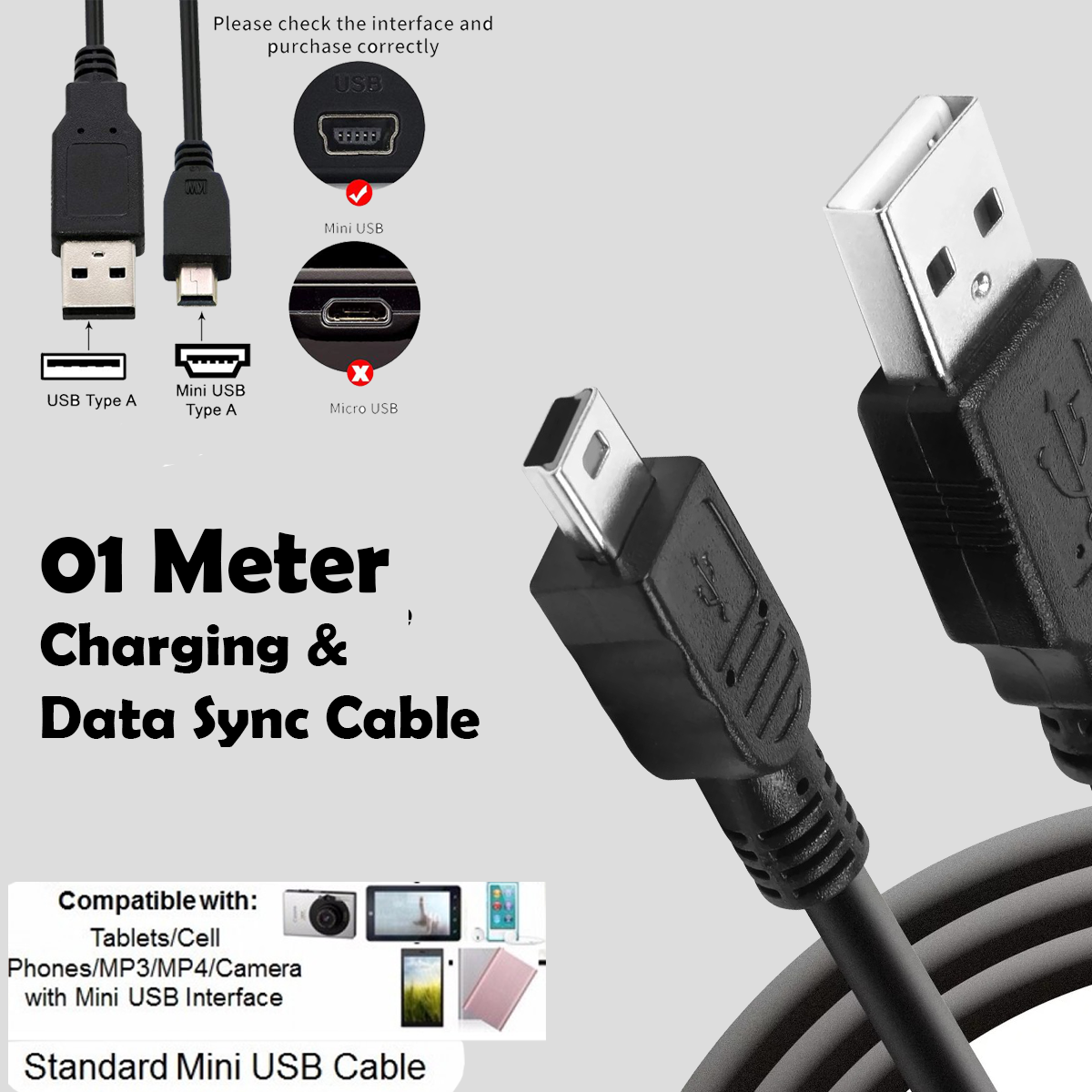 USB A to Mini B Data Transfer USB Charging Cable for PC, Laptop, Car ...