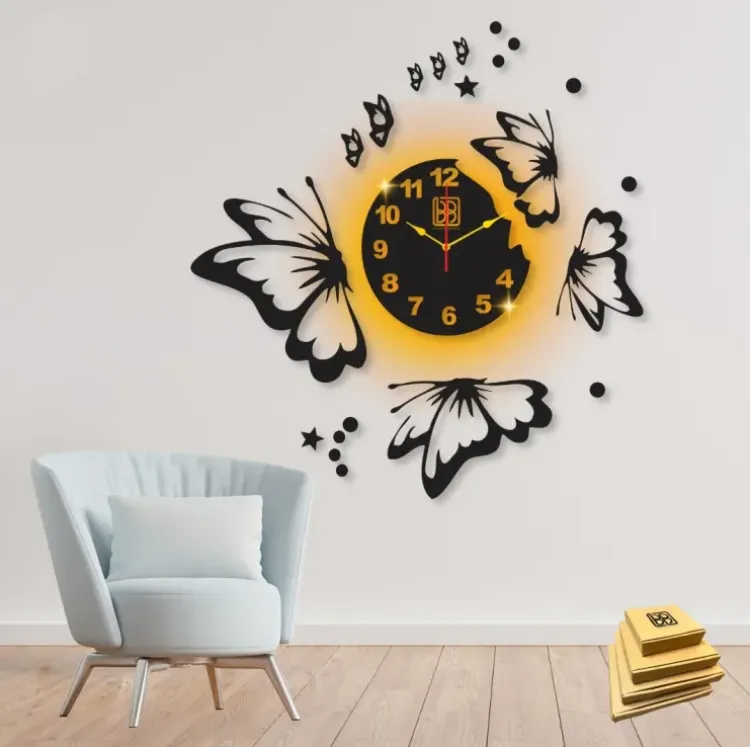WaalTrove Butterfly 3D Wooden Wall Clock with Light | 3d Wall Watch DIY ...