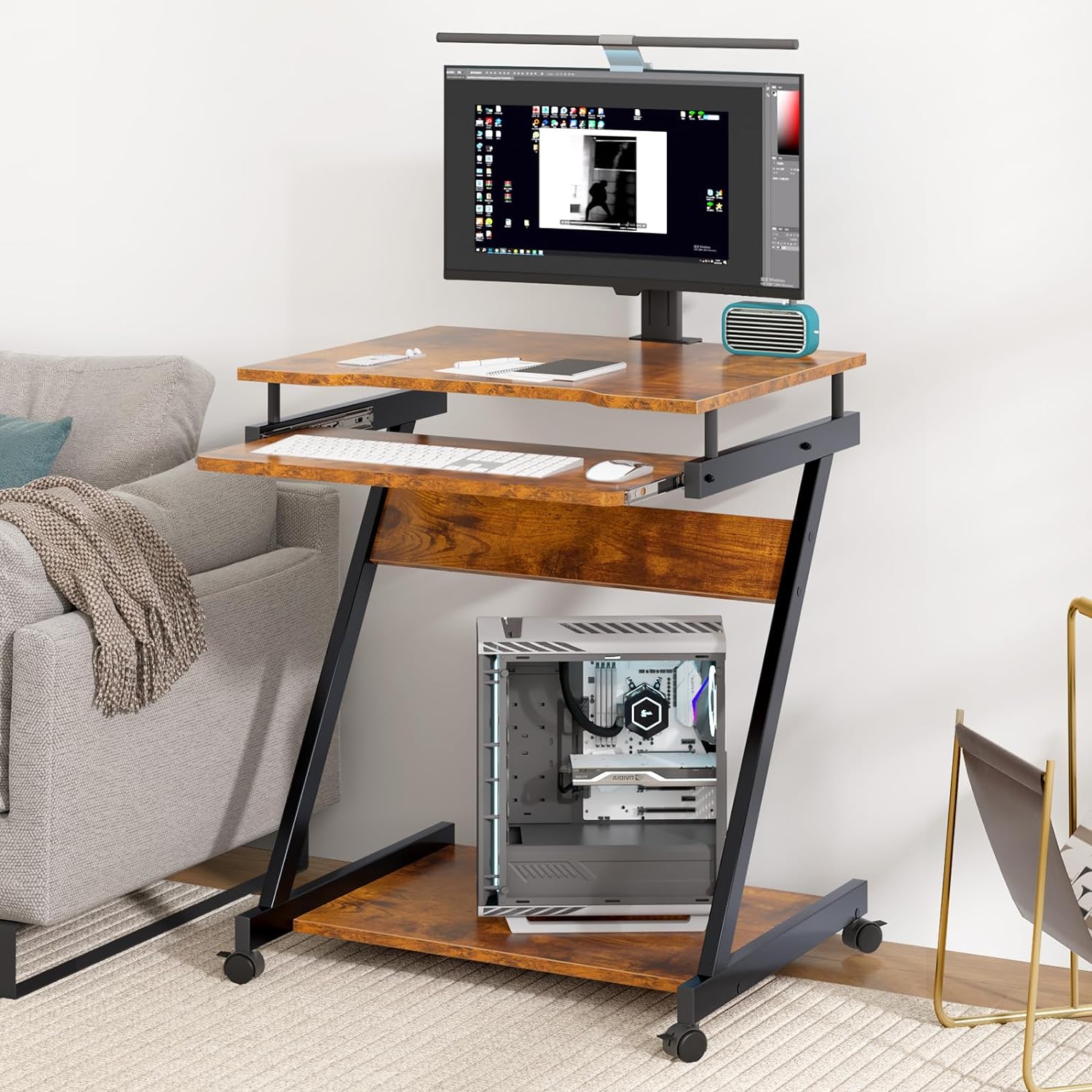 Small Computer Desk with 4 Wheels, 2 of which with Brakes, PC Table in ...