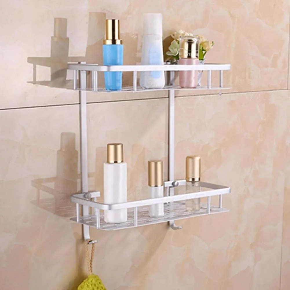 2 Layer Bathroom Corner Shower Shelf Aluminum Rack Storage Organizer ...