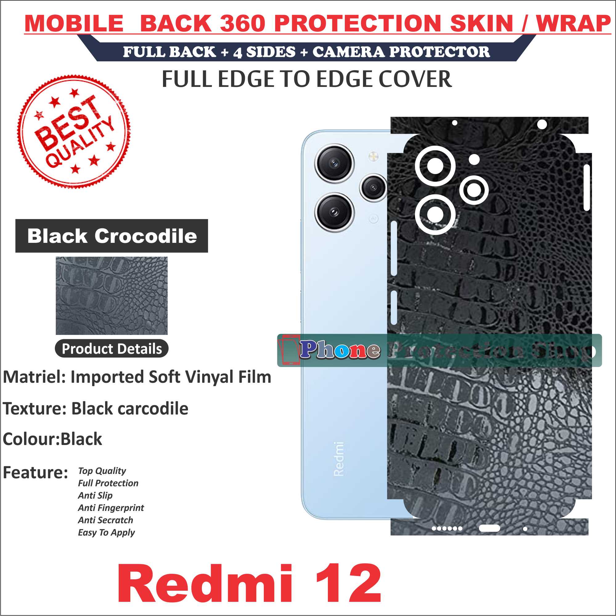 REDMI 12 full Back 360 Protection skin wrap with sides and camera ...