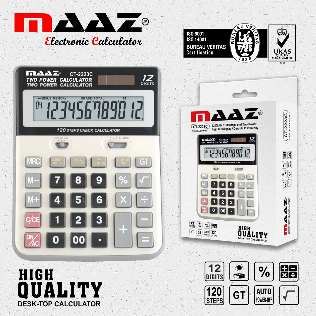 MAAZ_Desktop Office Calculator Model CT-2223C, 12 Digit_Dual Power Solar & Battery High Quality ...