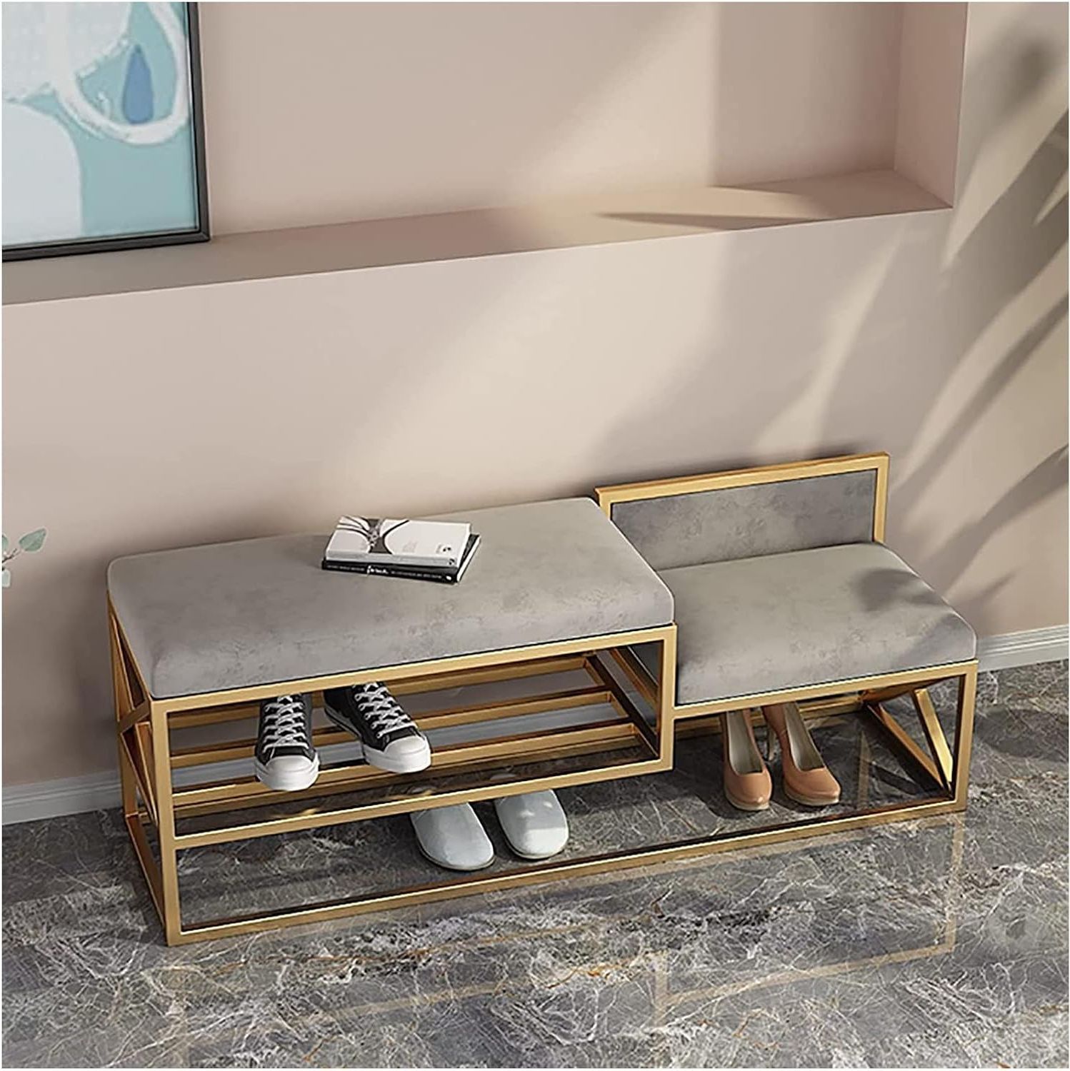Grey Tufted Bench - Shoe Bench with 2 Comfortable Seats - Shoe Storage ...