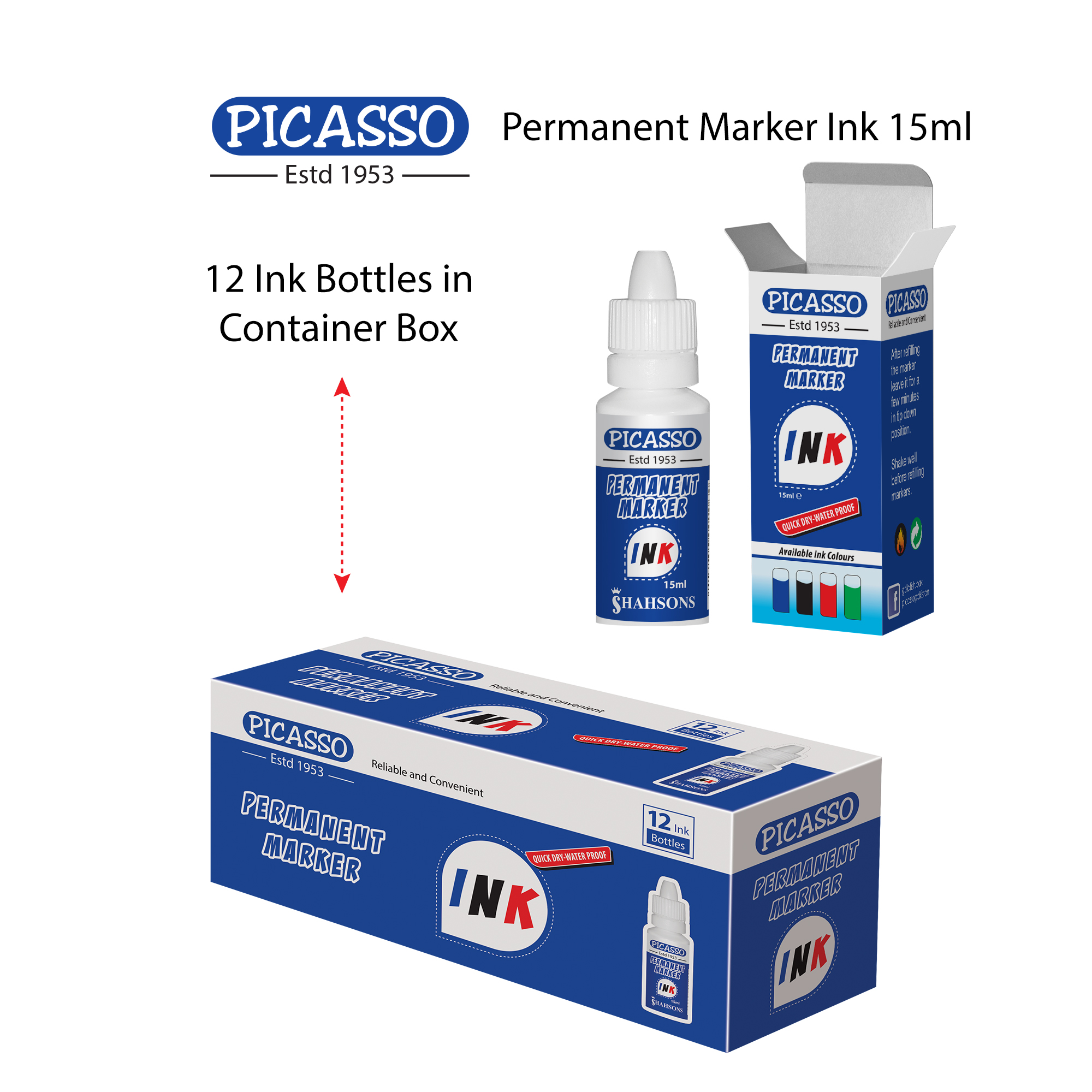Picasso Permanent Marker INK 15ml Bottle (12 Bottle in Container Box ...