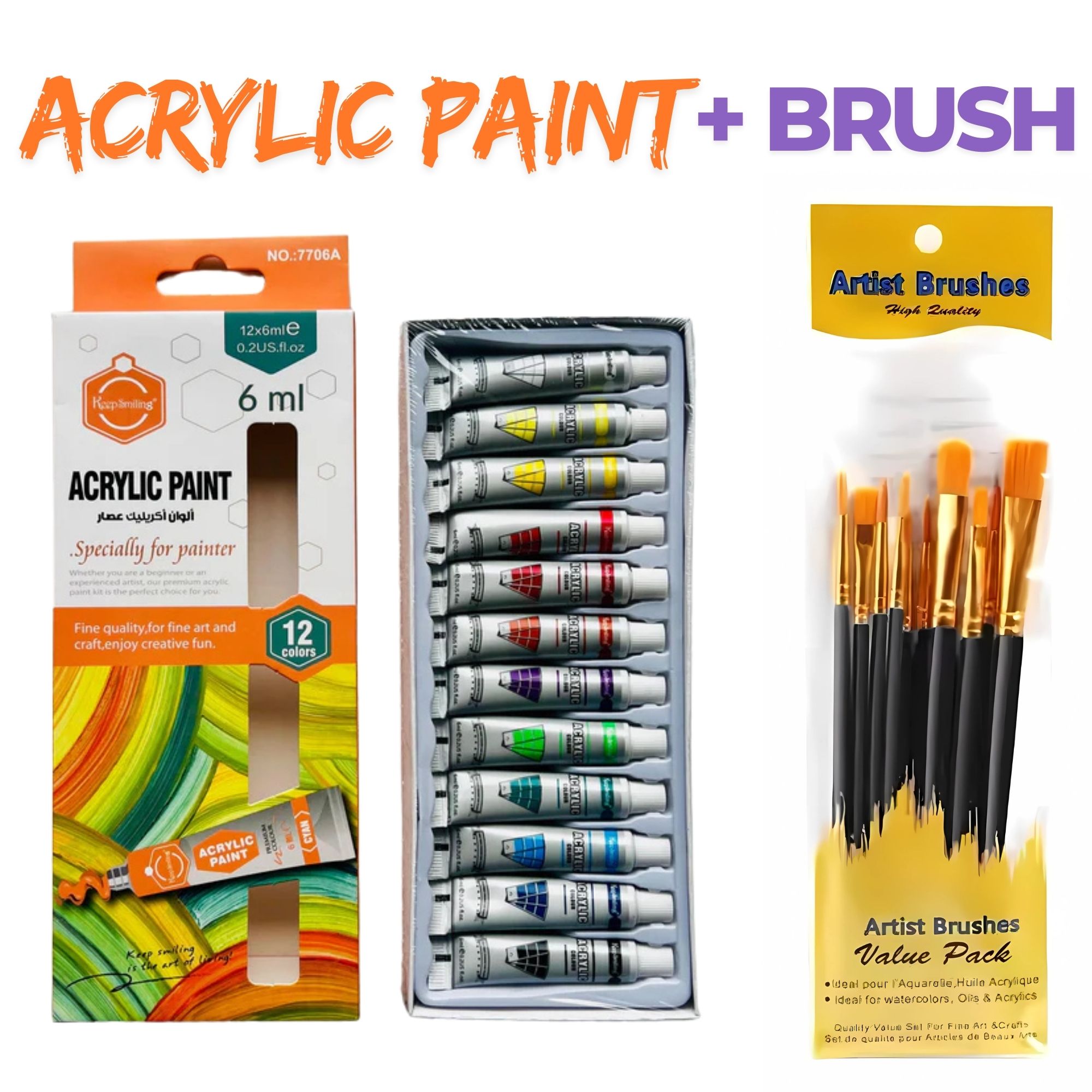 Acrylic Paint Color 12 Pcs + Brush Set High Quality For Professional ...