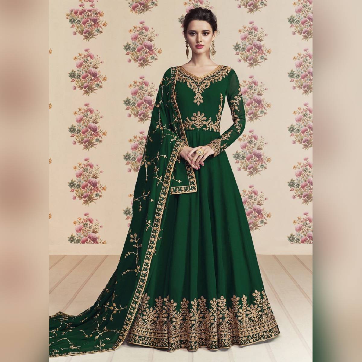 Ladies Chiffon Crincle Embroidered Frock Green FL-41 (Unstitched ...
